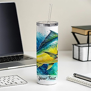 Personalized Custom Name Text Mahi Mahi Fish Watercolor Skinny Tumbler 20oz with Straw Insulated Water Bottle Gift - 1 Line Horizontal