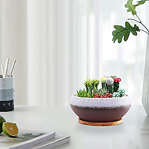 EPFamily 8 Inch Ceramic Round Succulent Planter with Drainage Hole and Bamboo Tray, Modern Large Flower Pot for Herb Garden Bonsai Planting