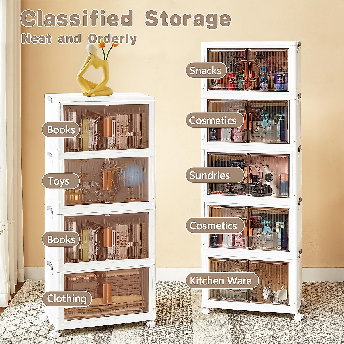 VECELO 16 Gal Stackable Storage Bins with Lid, 5 Pack Plastic Collapsible Storage Cabinet, Foldable Folding Box Organizer/Storage Container Cart with Wheel and Double Door for Home Office, White