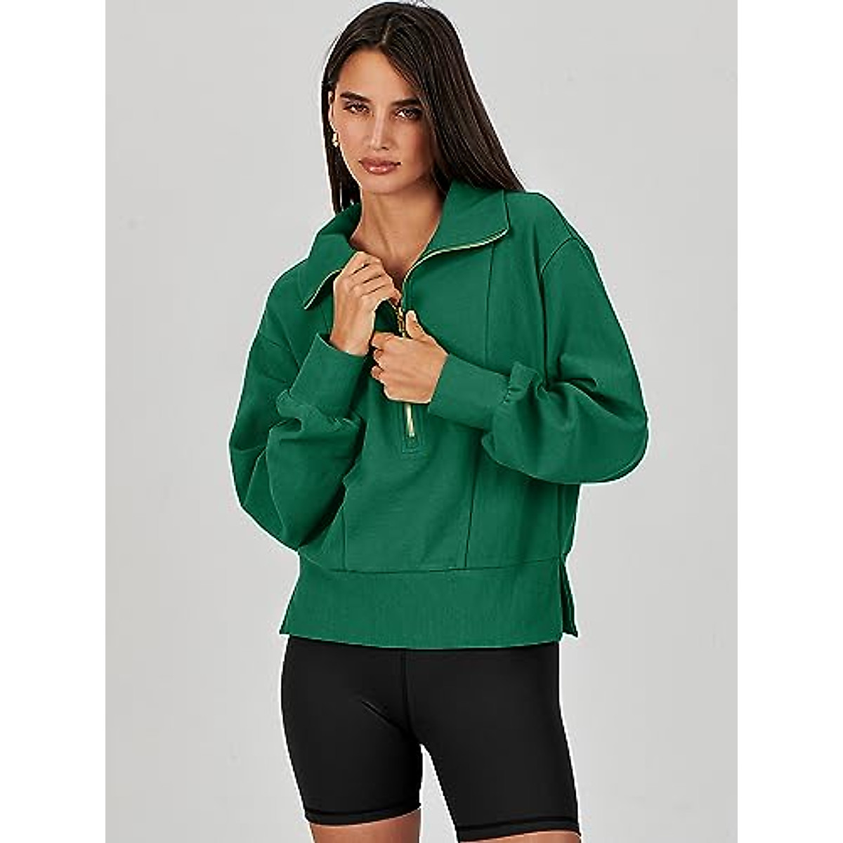 Caracilia Womens Cropped Sweatshirts Quarter Zip Pullover Half Zip Hoodies Long Sleeve Fleece 2023 Fall Casual Ribbed Knit Outfits Sweater Preppy Clothes C105A0-caolv-M Green