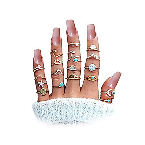 YOOESTORES82 Boho Stackable Ring Set for Women.Turquoise Star Moon Knuckle Rings Midi Finger Rings Set Retro Wave Peak Sea Stacking Joint Ring Sets