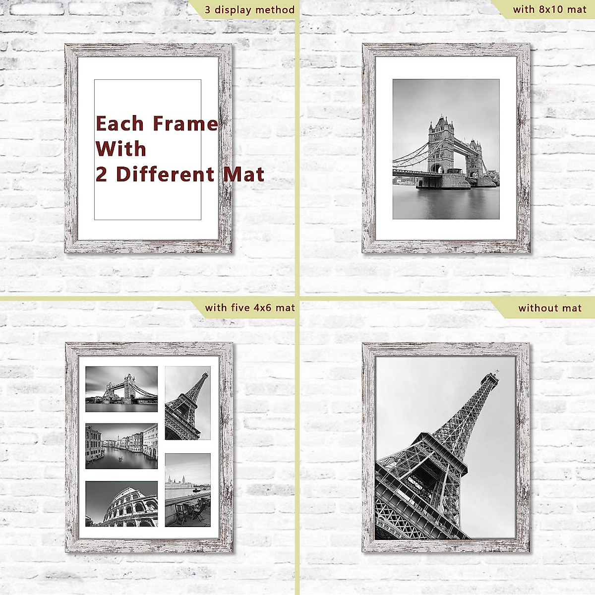 Q.Hou 11x14 Picture Frames Wood Patten Distressed White Set of 2, Each Frame with 2 Mats,Display 8x10 or Five 4x6 Photos with Mat & 11x14 Picture Without Mat for Wall Mount (QH-PF11X14-RW)