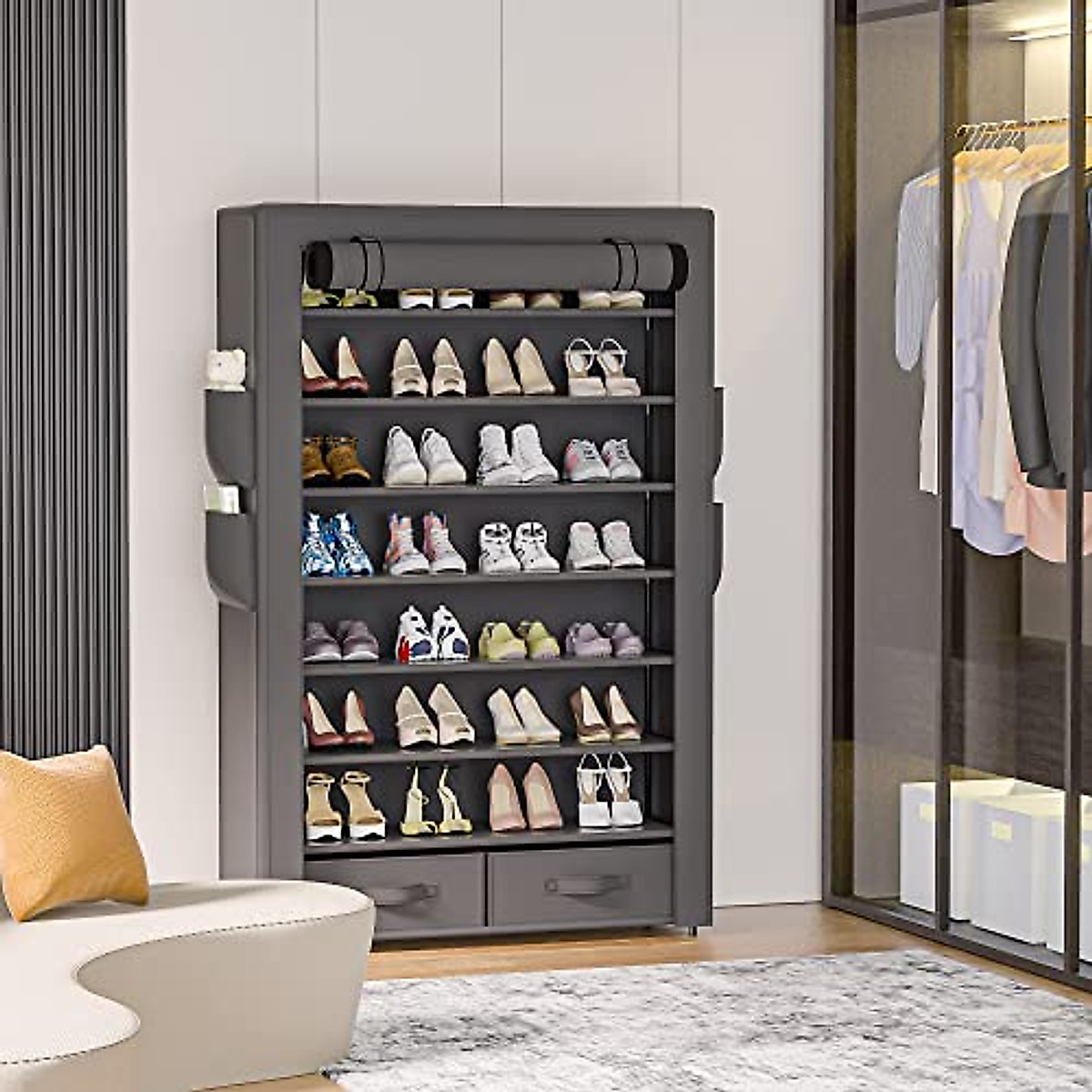 OYREL Shoe Rack, Shoe Storage Cabinet 32 Pairs Shoe Organizer Shelf Tall Zapateras for Shoes Large Free Standing Racks Vertical Black Holder Stand with Cover Two Boxes, 8Tier Long