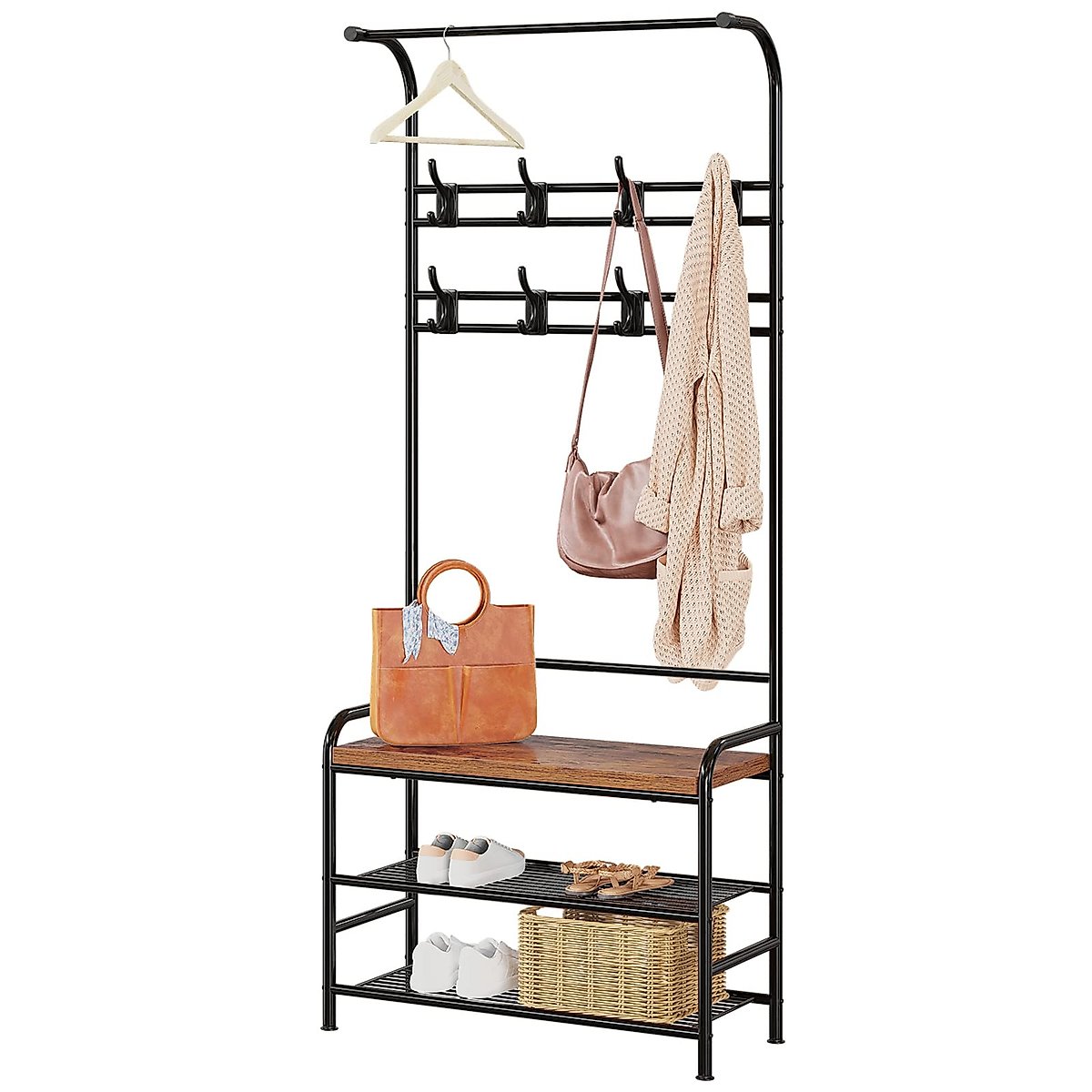 IDEALHOUSE Hall Tree, Entryway Bench, Coat Rack Freestanding Shoe Bench, 3 in 1 Hall Tree Entryway Storage Bench, Multifunction Bench with Steel Frame, 8 Large Hooks, 3-Tier Storage Shelf