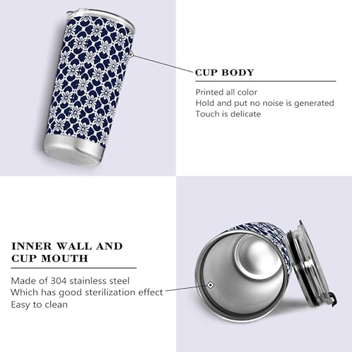 sanluoli Unique Design Dark Blue Flowers Stainless Steel bottle with straw with Straw Leak Resistant Flip coffee travel mug for outdoor simply insulated coffee tumbler 20 OZ