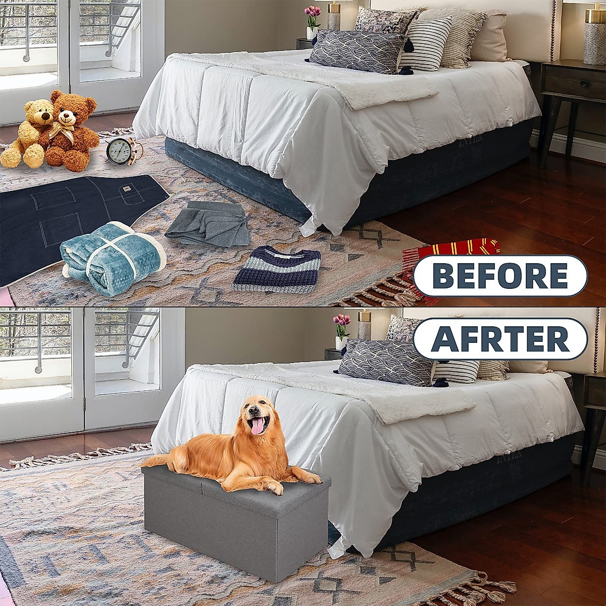 CAROLMADE 30 Inches Storage Ottoman Bench with Flipping Lid, Linen Foldable Storage Footrest, Ottoman with Storage for Living Room Holds up to 330lbs, Light Grey