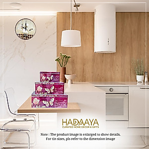 hadaaya Pack of 3 Rectangle Cookie Tins With Lids Multipurpose Tin Container for Cookies,Candies, Kitchen Storage, Stationery - BURGUNDY FLORAL BUTTERFLY