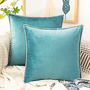 GAWAMAY Gray Throw Pillow Covers 16x16 Inch Soft Teal Velvet Pillow Cover with Modern Chenille Edge, Winter Farmhouse Decorative Pillow Caces for Holiday Living Room Sofa Couch Beding (40x40cm)