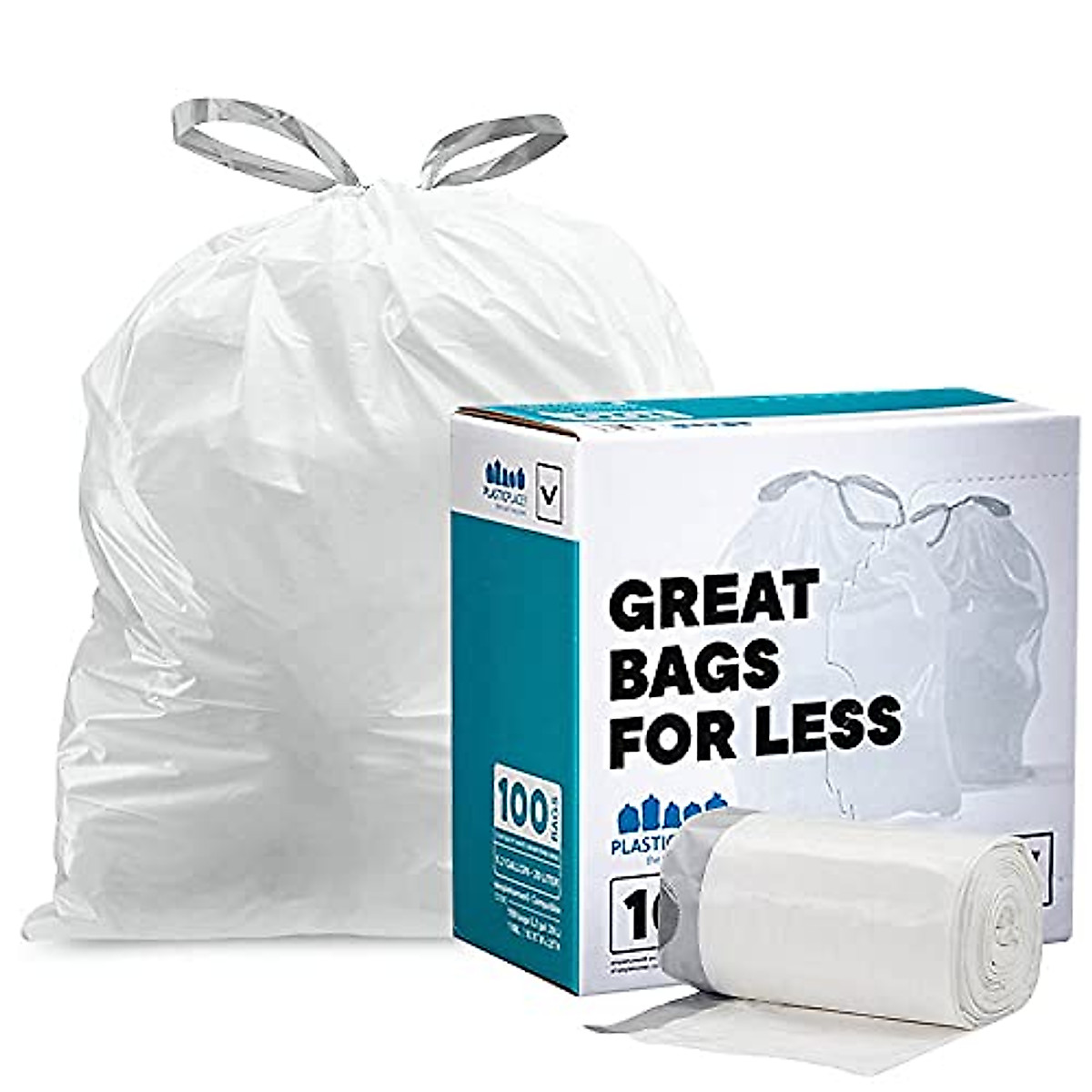 Plasticplace simplehuman (x) Code V Compatible (100 Count) Drawstring Garbage Liners 4.2-4.8 Gallon / 16-18 Liter 14.75" x 28", White