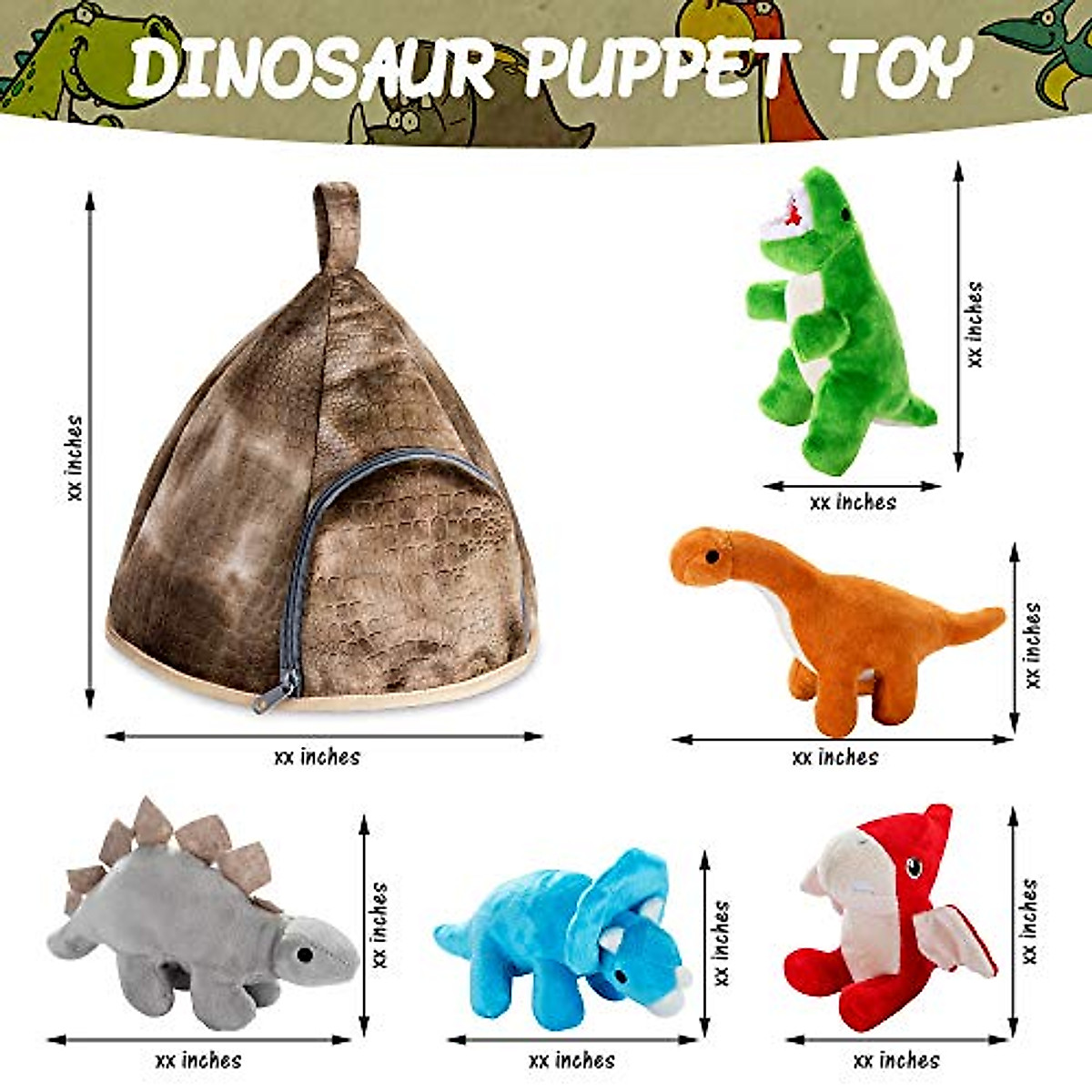 PASSIONFRUIT Stuffed Toy Dinosaur Animal Set – Set of 5 Dino Stuff Toy for Toddlers – with Volcano Zipper Carry Bag – Bright & Vibrant Plush Toy Set – Stuffed Dinosaur Toy for Kids –Easy to Carry