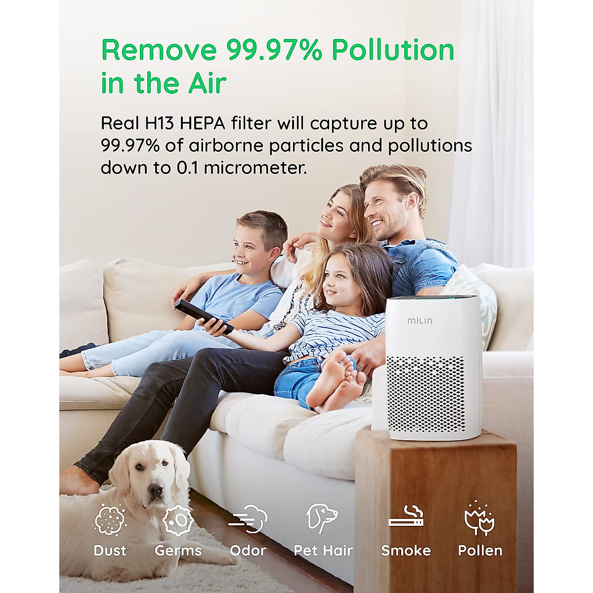 MILIN Air Purifier Filter, True H13 HEPA Filter, 825ft² Coverage