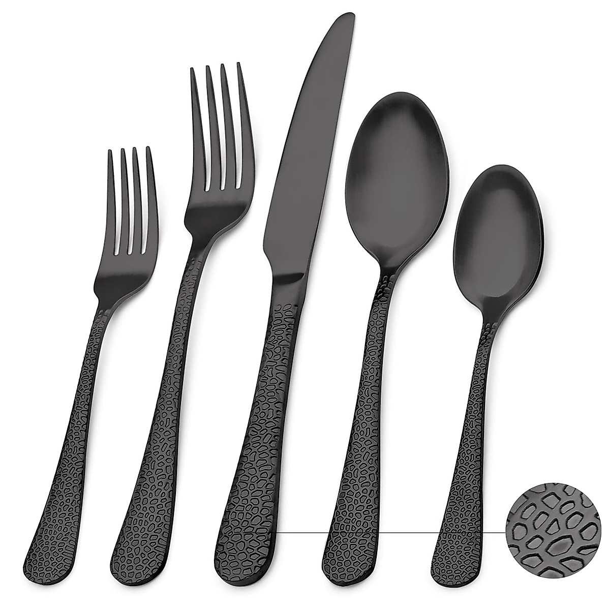 GIOCOCO Matte Black Silverware Set - Stainless Steel 20 PCS Satin Finish Utensils Set, Hammered Tableware Set Cutlery Set Service for 4, Dishwasher Safe Flatware Set for Home Kitchen and Restaurant