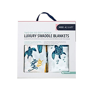 Bebe au Lait Oh So Soft Muslin Swaddle Blanket Set, Soft Muslin Design, Stylish Pattern - Surf and Sea Turtles , 47x47 Inch (Pack of 2)