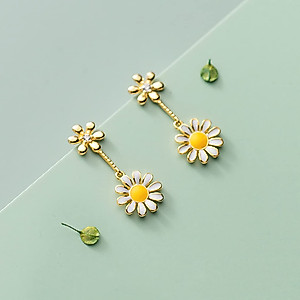 SLUYNZ 925 Sterling Silver CZ Daisy Earrings Dangle for Women Flower Drop Earring Studs