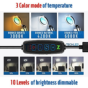 TECHLED Magnifying Glass with Light and Stand, Desk Ring Light, 3 Color Modes Stepless Dimmable, Desk Lamp, Clamp Light, Office Desk Lamp for Close Work, Repair, Reading, 12w, Adjustable Desk Lamp