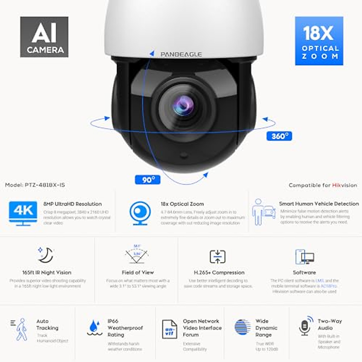 PANOEAGLE 4K PTZ Security Camera,Auto Tracking PoE IP Camera Outoodr,18x Optical Zoom,Smart Human Vehicle Detection,Two-Way Talk,165ft IR Night Vision,4818X-IS
