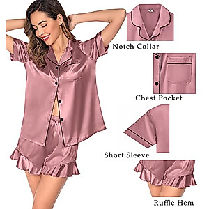 SWOMOG Womens 4 Piece Satin Pajamas Silk Short Sleeve Pj Sets Long Bottoms V Neck Cami Ruffle Shorts Pajama Pants Bridal Pjs Misty Rose