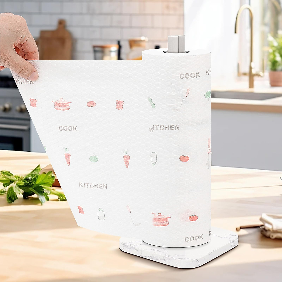 NearMoon Standing Paper Towel Holder, Stainless Steel Square Paper Towel Roll Holder with Marble Base for Bathroom Kitchen Countertop, Standard or Jumbo-Sized Roll Holder (Brushed Gold)