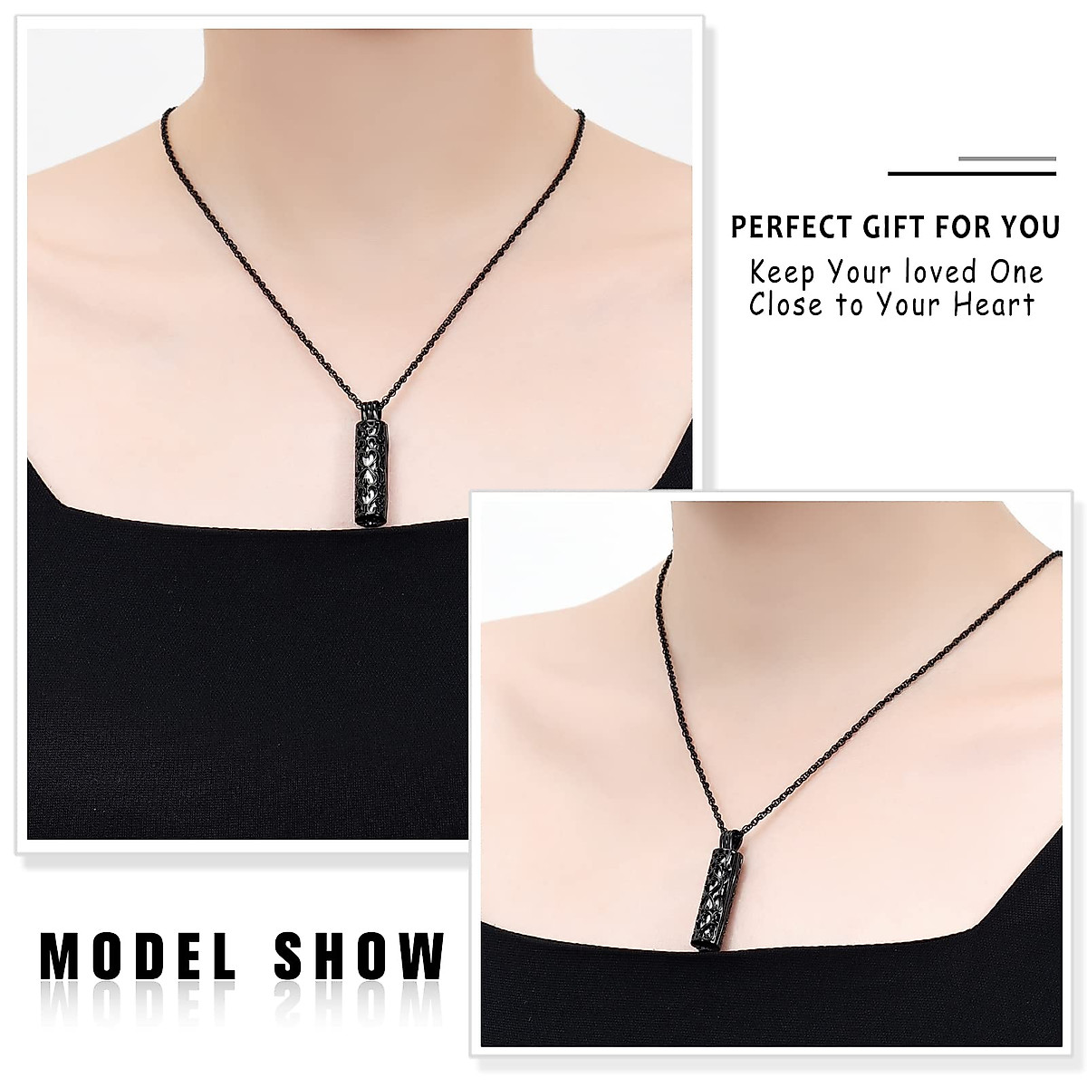 shajwo Cylinder Urn Necklace for Ashes for Women Men Cremation Jewelry Keepsake Memorial Human Pet Ashes Pendant,Black+Silver