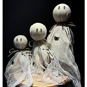 Seslust Set of 3 Primitive Halloween Ghosts on Wooden Stand - Spooky Table Centerpieces and Shelf Sitters for Indoor Halloween Decor