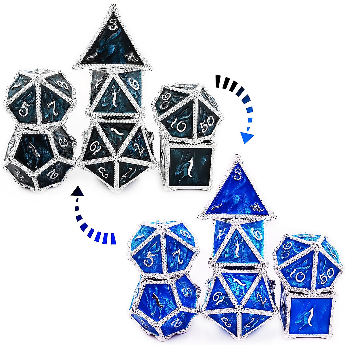MJDICEOK Color Changing dice Metal Dragons dice DND dice Set D&D dice Set Role Playing dice Apply to Dungeons and Dragons (Black to Blue)