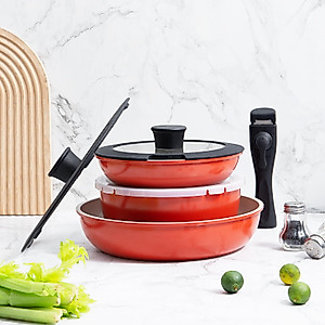 Pots and Pans with Removable Handle, Cookware Set with Ceramic Nonstick Coating, Suitble for Camping | RV, Dishwasher Safe | Ovens Safe | PFAS Free | PFOA Free, Orange