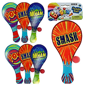 JA-RU Wooden-Paddle Ball with String (Pack of 3) Vintage Retro Toys Paddle Ball Set | for Kids, Boy and Girl Toy | Indoor, Outdoor Set Games | Party Favors Birthday. Plus 1 Bouncy Ball | 751-3p