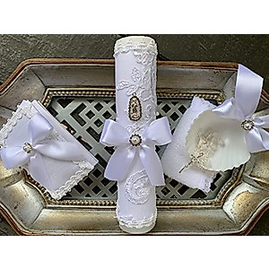 Baptism White Candle Set with Lady of Guadalupe Medal and Pearls Details