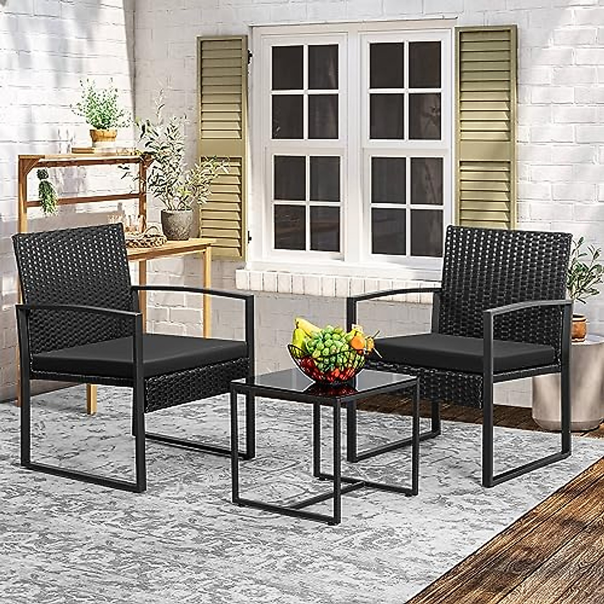 Devoko 3 Piece Patio Outdoor Furniture Set Wicker Table and Chairs Set for Balcony Porch Bistro, Black