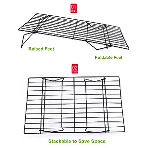 3 Tier Non Stick Cake Cooling Rack - Oven Safe, Heat Resistant, Space Saving Stackable Wire Tray with Collapsible Legs for Roasting, Cooking, Grilling, Drying, Plus Multi-use Basting Brush, 10x16 in