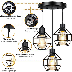 FadimiKoo Farmhouse 3-Light Pendant Light Fixtures, Adjustable Industrial Hanging Pendant Lighting for Kitchen Island, Vintage Black Metal Cage Pendant Ceiling Lamp for Dining Room Bedroom