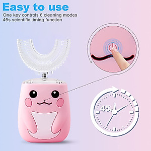 Kids Electric Toothbrush, U Shaped Ultrasonic Automatic Tooth Brush, Toothbrush with 2 Brush Heads, Six Cleaning Modes, IPX7 Waterproof, Cartoon Modeling Design for Toddler Children (Pink, 8-15Y)