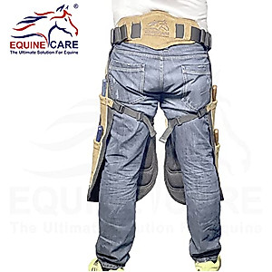 Equine Care Farrier Chaps with Back Support, 4 Knife Pockets & Nail Magnet - Cow Hide Suede Leather and Canvas Horse Shoeing Apron (27 Inch-70 CM)