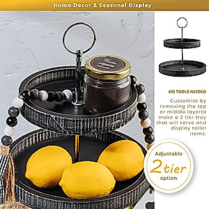 Farmhouse Tiered Tray - 3 Tier Tray for Serving, Display & Kitchen Decor - Round Three Tier Decorative Rustic Wooden Stand - Optional 2 Tier Design - Black Wood Accent Piece for Table & Countertop