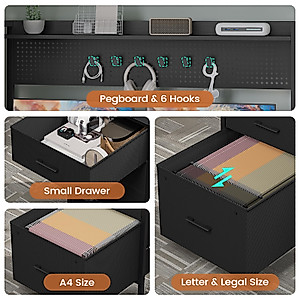 L Shaped Gaming Desk with Shelves, Reversible Computer Desk with Power Outlets LED Light, Home Office Desk with Monitor Stand Storage Racks 2 Drawers 5 Shelves Pegboard 8 Hooks Mouse Pad(Black)