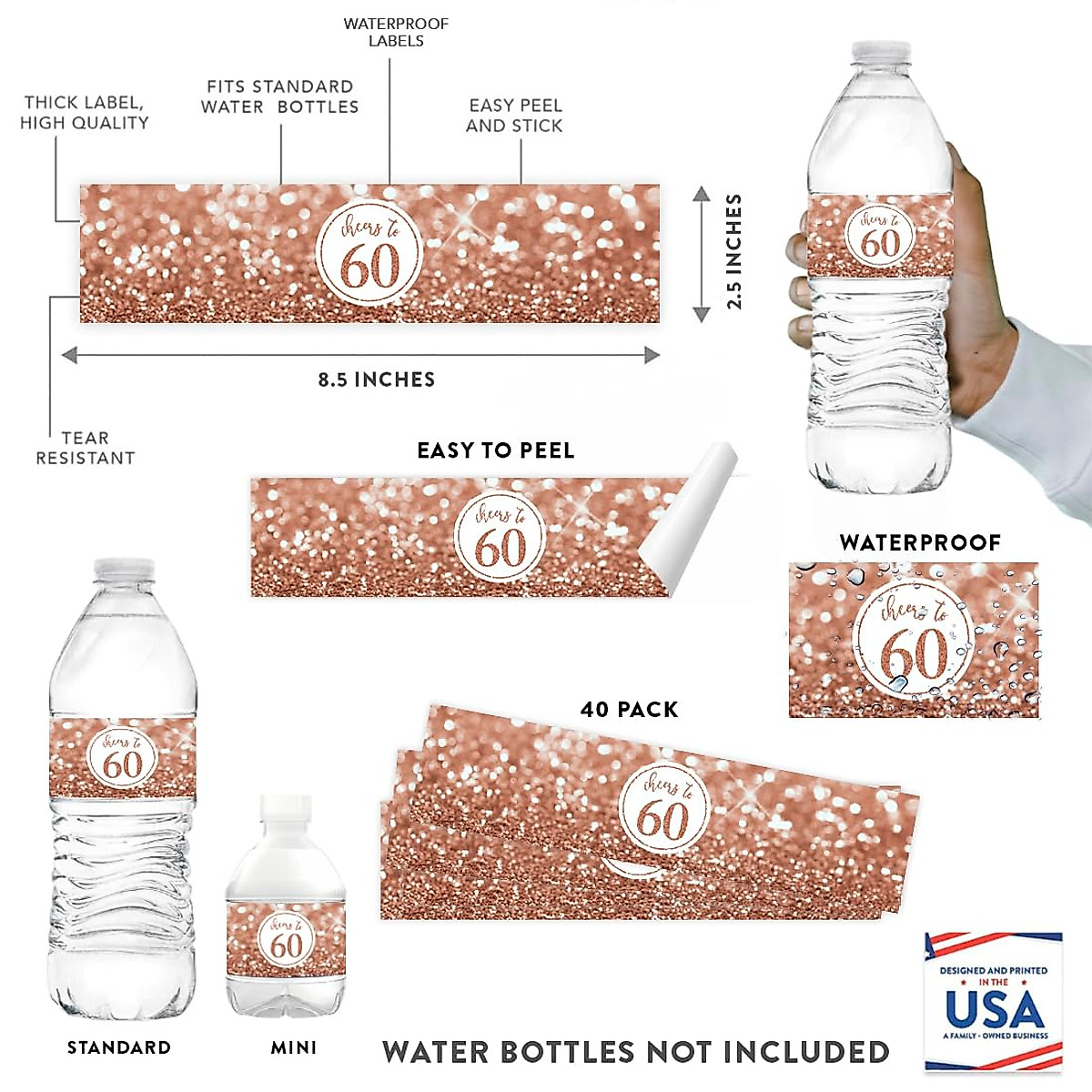 Andaz Press Glitzy Faux Glitter Rose Gold Water Bottle Labels Stickers, Cheers to 60, 60th Birthday Water Bottle Labels Anniversary 60th Birthday Decorations for Women Birthday Party Favors, 20-Pack