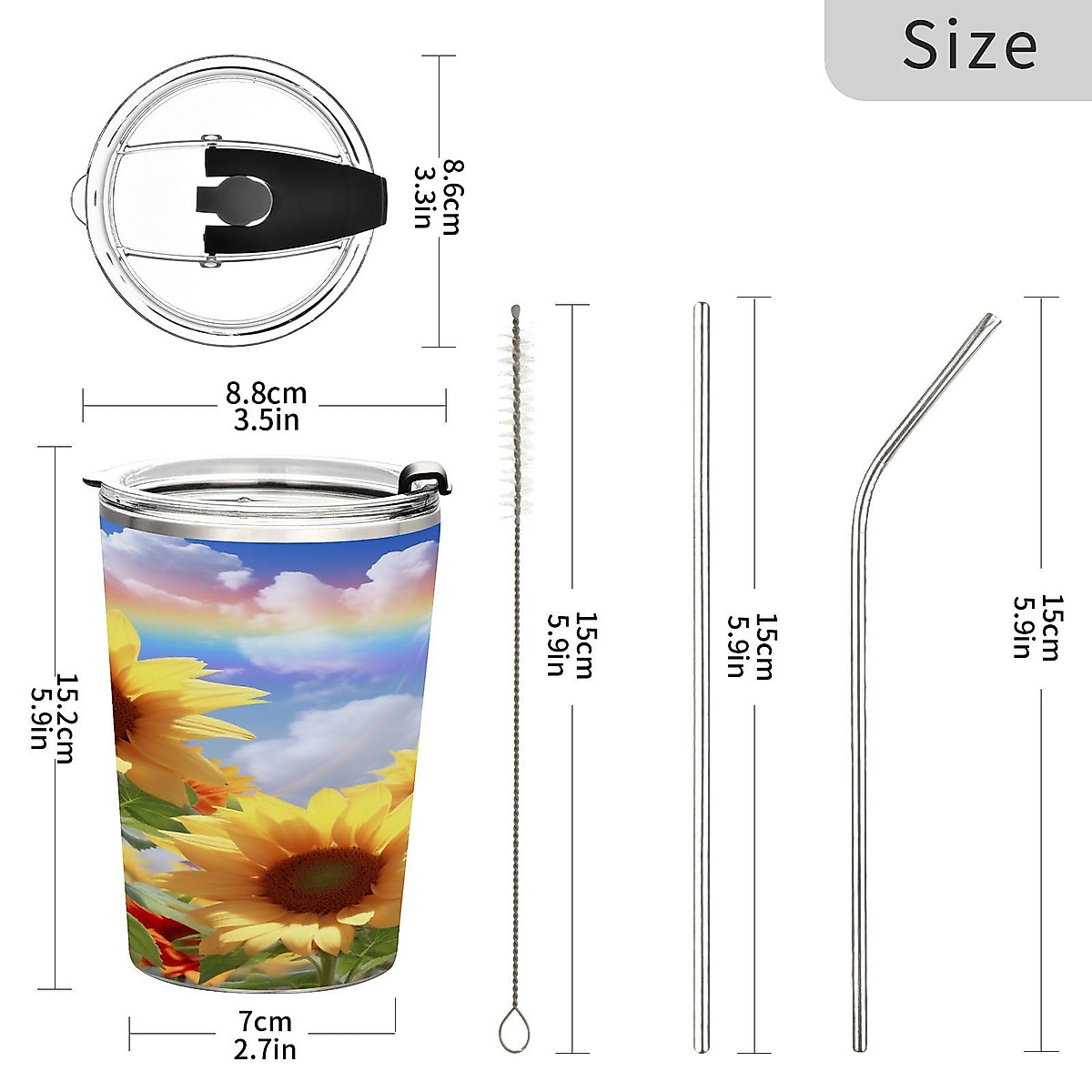 IOACIY 11 Oz Stainless Steel Vacuum Insulated, Sunflower Cloud Rainbow (2) Travel Mug with Lids and Straw, Double Wall Water Coffee Cup for Office, Outdoor Works for Hot Beverage and Ice Drinks