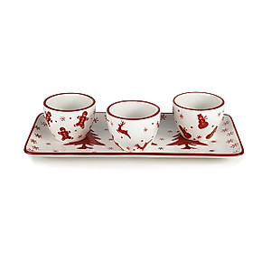 Euro Ceramica Winterfest 4 Piece Holiday Entertainment Serving Set | High Fire Earthenware Ceramic | Rectangular Platter & 3 Dipping Bowls | Hand-Stamped Holiday Design, Large, Multicolor
