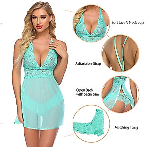 Avidlove Women Lingerie Lace Babydoll Strap Chemise Halter Teddy V Neck Mesh Nightgownr Green XXXL