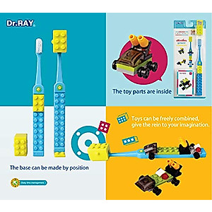 Dr.RAY Kids Toothbrush with Building Blocks and Toothbrush Covers, Extra Soft, Ages 6+ (Pack of 1, Blue)
