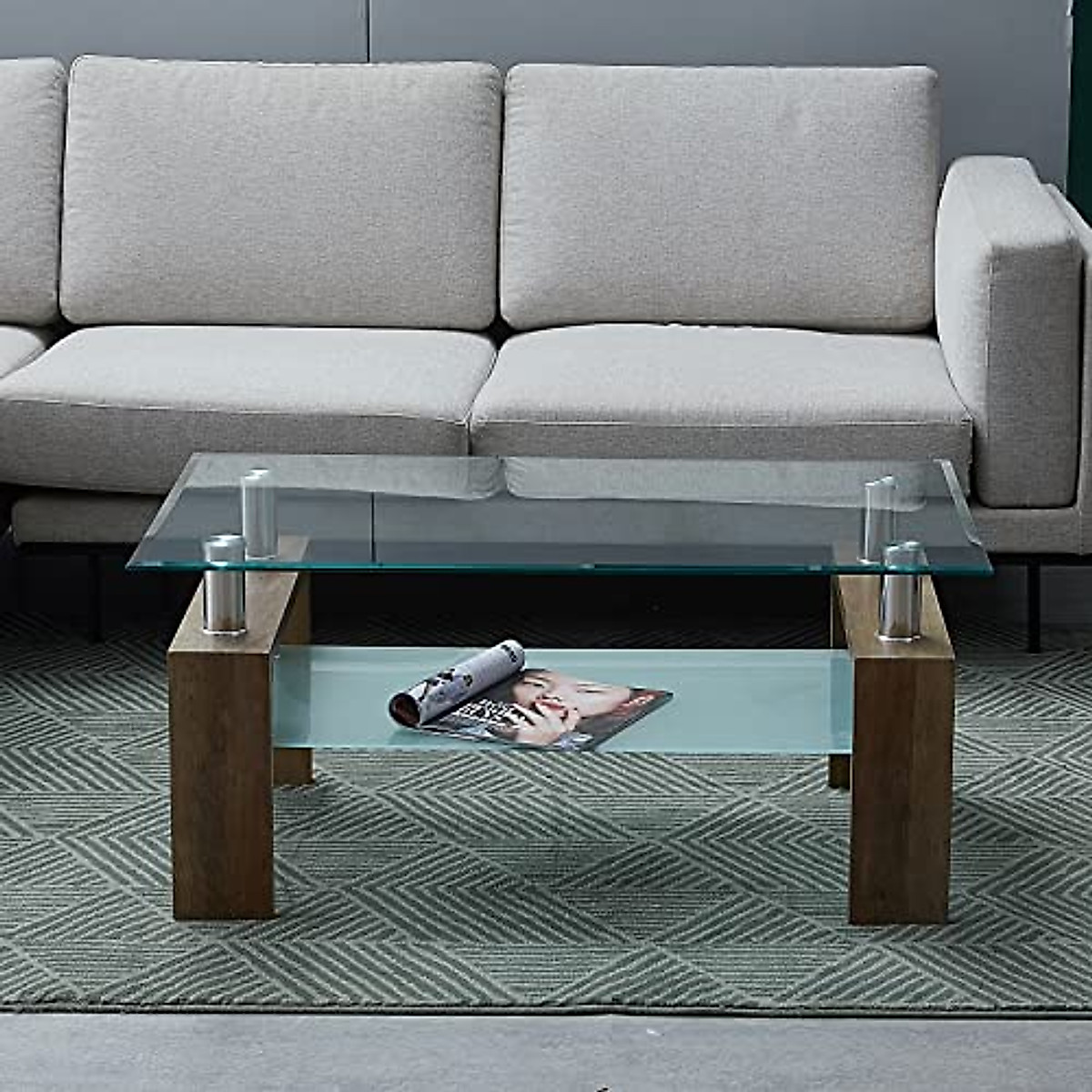 CLIPOP Rectangle Glass Coffee Table w/Tempered Glass Tabletop Stainless Steel Tube, 2-Tier Tea Table, Modern Center Side Table w/Lower Shelf & Wooden Legs for Living Room Guest Reception Room, Oak