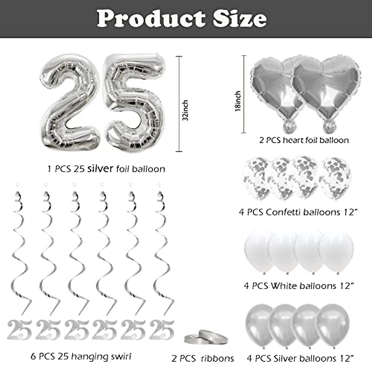25th Anniversary Decorations Party Supplies Set of Happy Anniversary Photo Banner and Balloons,Hanging Swirls for 25 year Wedding Anniversary decor(silver)