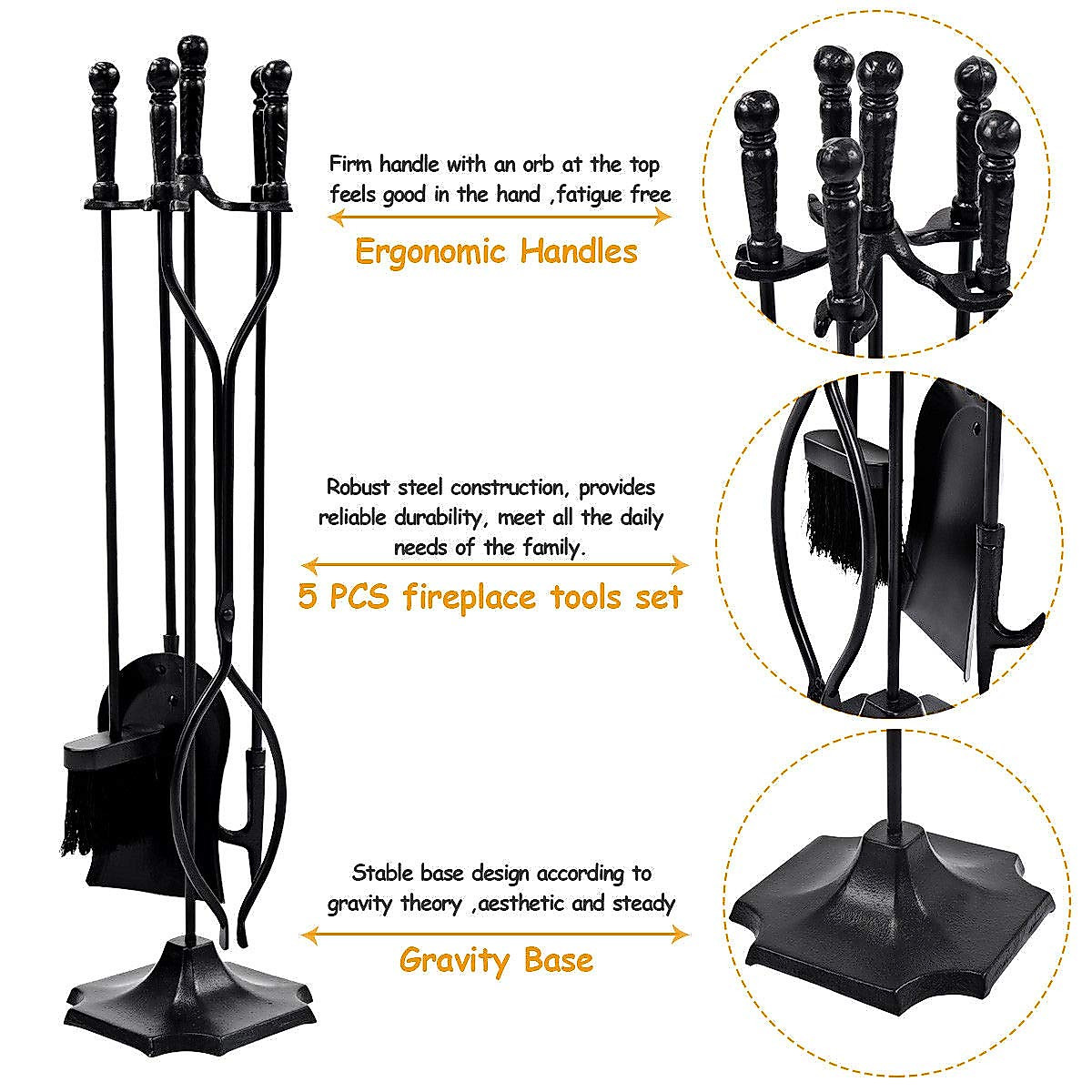 Tangkula 32 inch Fireplace Set 5 Piece Rustic Heavy Duty Compact Wrought Iron Fire Place Tool Set with Pedestal Place, Hearth Tool