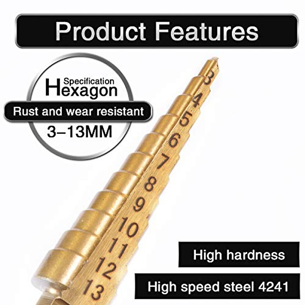 HOHXEN 1/4 Hex Shank Titanium Step Drill Bit High Speed Steel 11 Steps Hex Shank 3-13MM