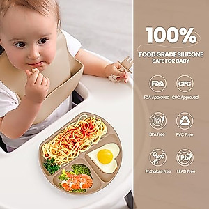 Vivalada Silicone Baby Feeding Set - Baby Led Weaning Supplies, Baby Suction Plate with Lid and Bowl, Toddler Self Feeding Spoons Forks Sippy Cup Adjustable Bib, Baby Utensils for 6-12 Months (Beige)
