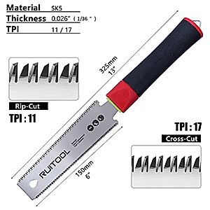 RUITOOL Japanese Hand Saw 6 Inch Pull Saw Double Edge SK5 Flexible Blade 11/17 TPI Non-slip Handle Flush Cut Saw Wood Saw for Woodworking Tools
