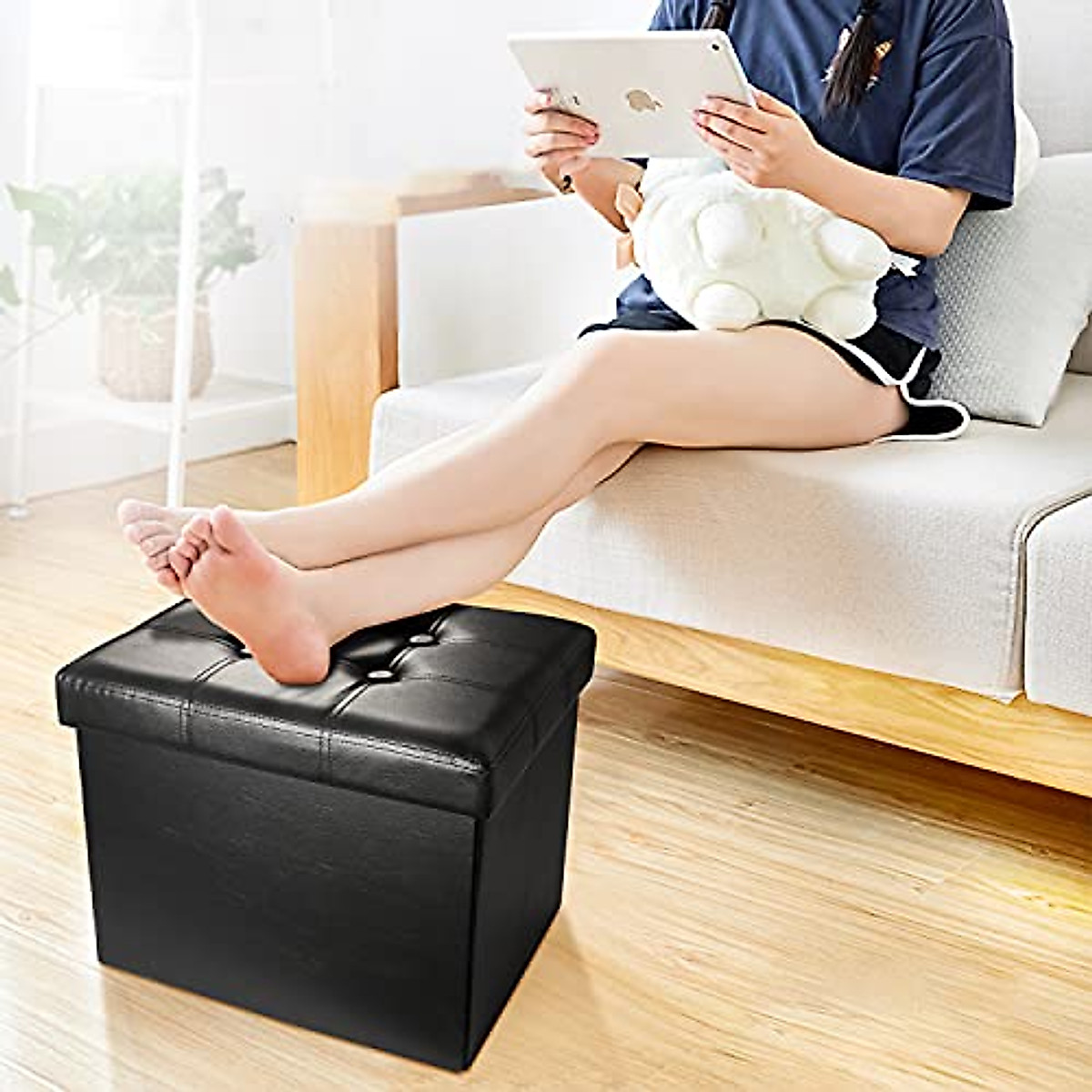 Bsketa Storage Ottoman, Folding Foot Stool with Thicker Foam Padded Seat Small Leather Storage Ottoman Bench Foot Rest for Living Room Foldable Coffee Table 17x13x13in