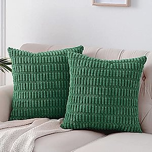 Fancy Homi 2 Packs Emerald Green Decorative Throw Pillow Covers 18x18 Inch for Living Room Couch Bed Sofa, Christmas Home Decor, Soft Striped Corduroy Square Cushion Case 45x45 cm