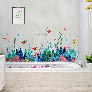 RW- 6794 Removable 3D Under The Sea View Grass Wall Decal DIY Ocean Coral Seaweed Wall Stickers Murals Peel and Stick Home Wall Decor for Kids Bedroom Bathroom Girl Nursery Wall Corner Decoration (A)