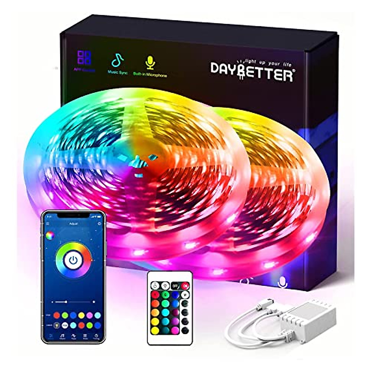 DAYBETTER Smart RGB Led Strip Lights, 50ft Led Lights for Bedroom with App Control, Multicolor Changing Led Light Strips Sync to Music Apply for Room, Kitchen, Suitable for Halloween, Christmas